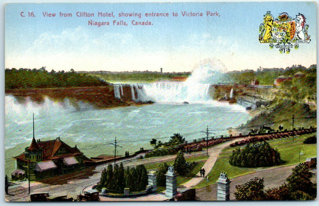 View from Clifton Hotel, showing entrance to Victoria Park, Niagara ...