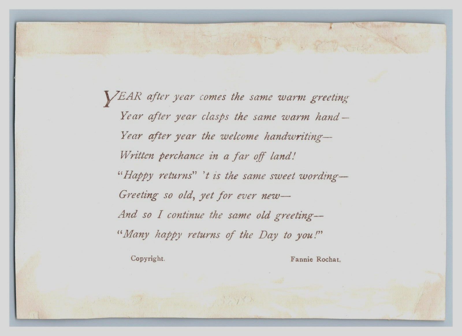 1880s Victorian Happy Returns Card Poem Fannie Rochat Roses #G ...