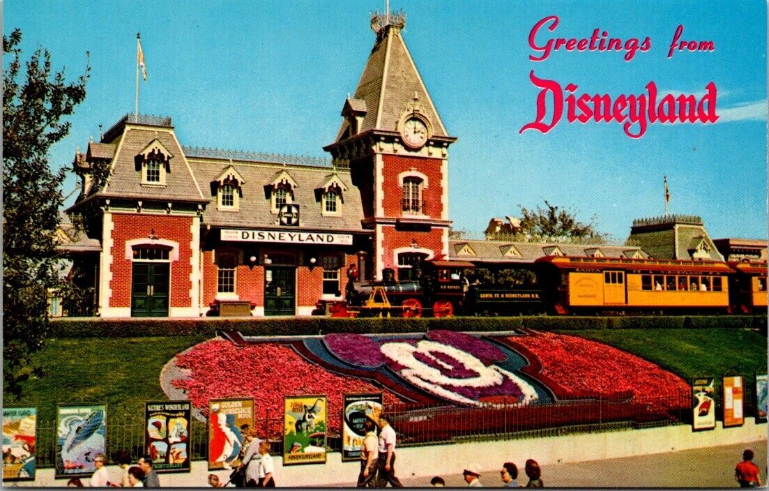 Disneyland Postcard Passenger Train Depot Floral Mickey Mouse Entrance ...