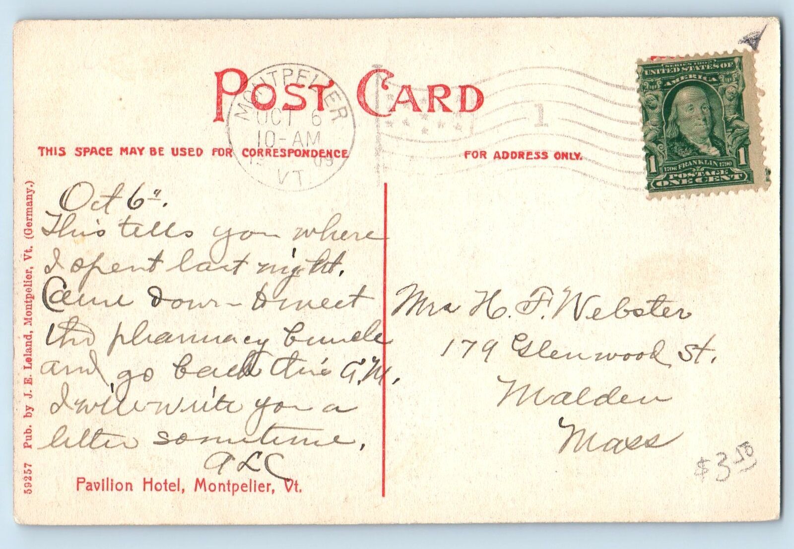 Montpelier Vermont VT Postcard Pavilion Hotel Building Exterior ...