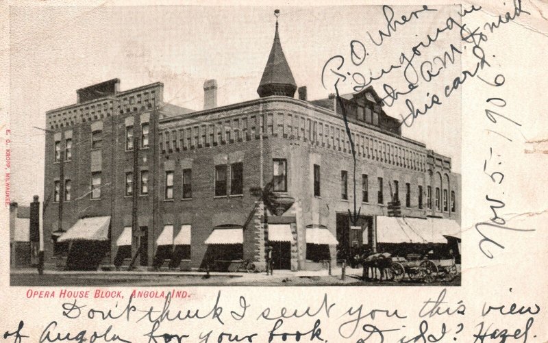 Vintage Postcard 1906 Opera House Block Angola Indiana IN E.C. Kropp Co ...