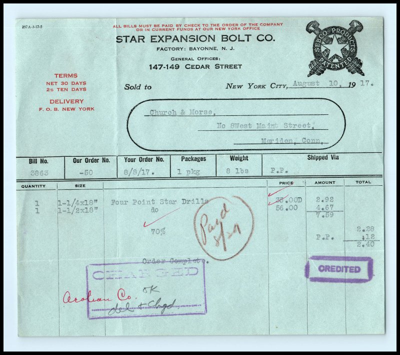 Antique Sebco Star Expansion Bolt Hardware Bayonne New Jersey Invoice ...