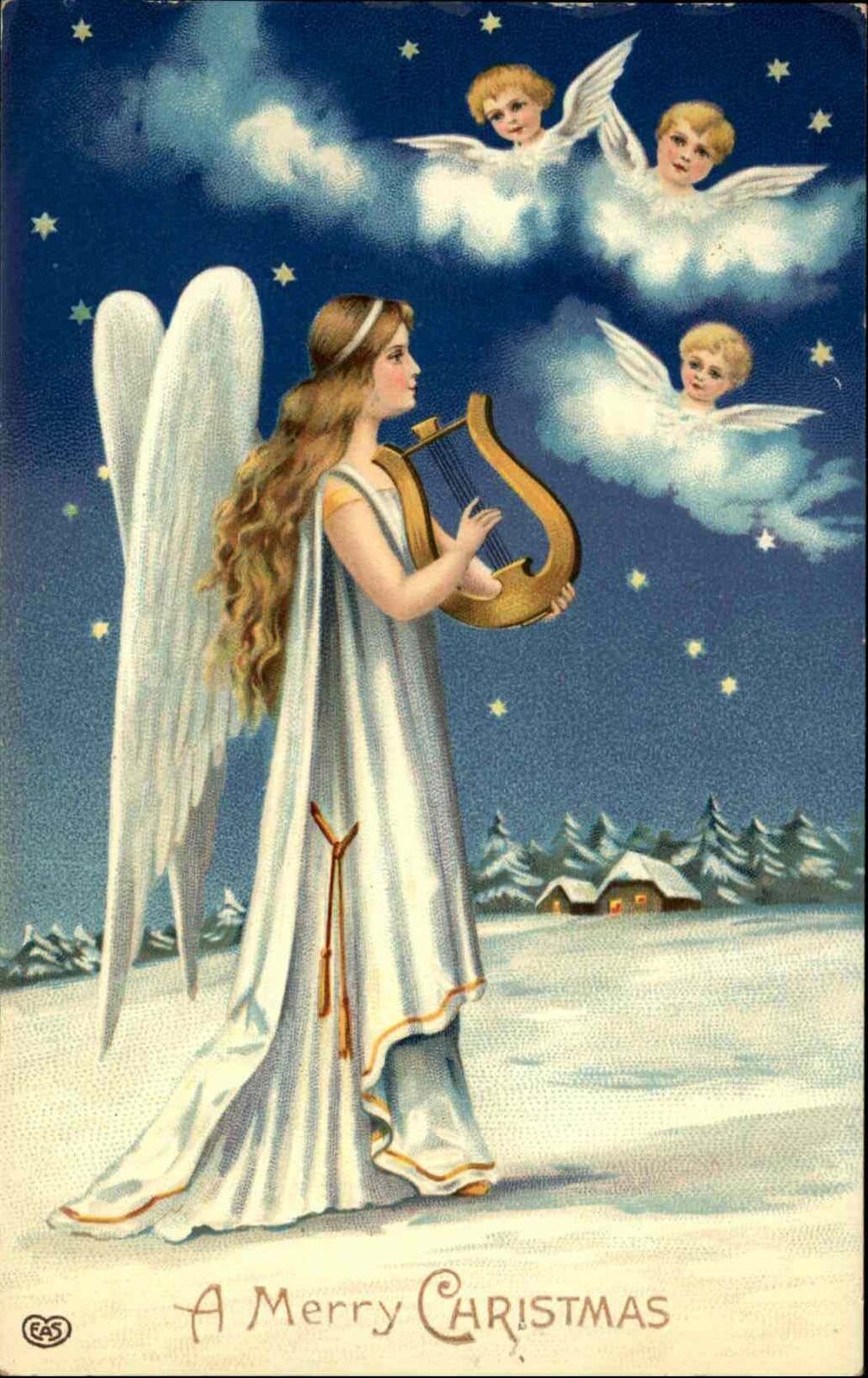 Christmas EAS Angel Playing Harp Cherubs in Night Sky c1910 Postcard ...