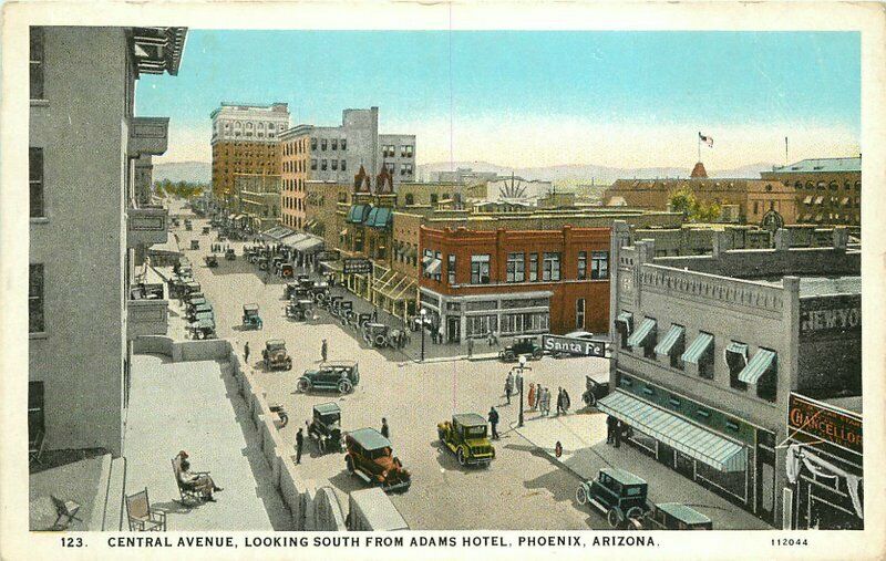 Adams Hotel Autos Birdseye Central Avenue 1920 Postcard Phoenix Arizona ...