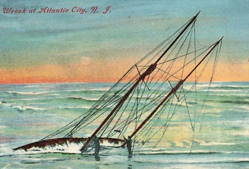 Wrecked Sailboat Yacht Shipwreck Beached Atlantic City NJ c1910 Vintage ...