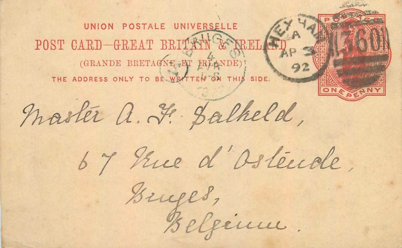 Postcard Great Britain & Ireland one penny 1892 via Brugge Belgium ...