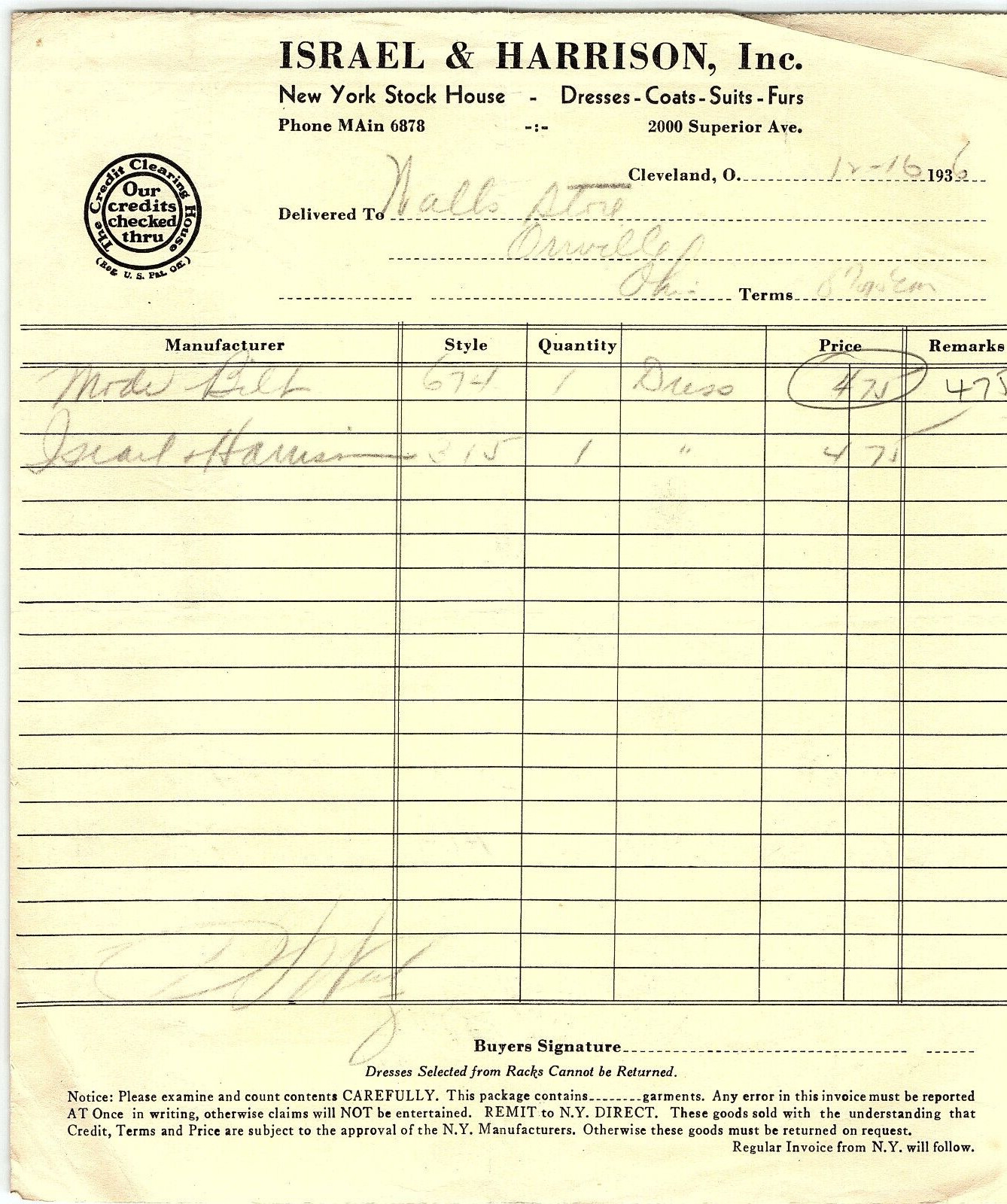 1936 Israel & Harrison Dresses Suits Furs Cleveland Ohio Billhead ...