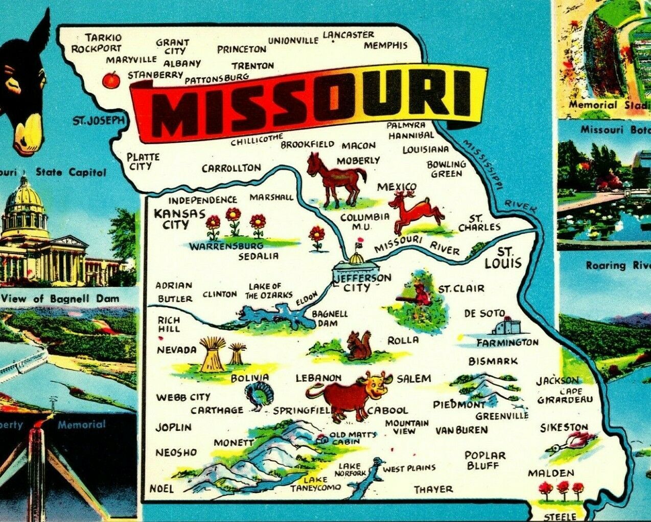 Missouri cartoon Map Postcard, Memorial Stadium, Bagnell Dam, Roaring ...
