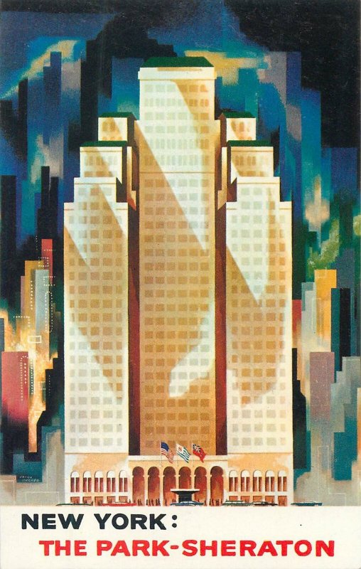 Postcard USA new york city the park sheraton hotel drawing flags ...