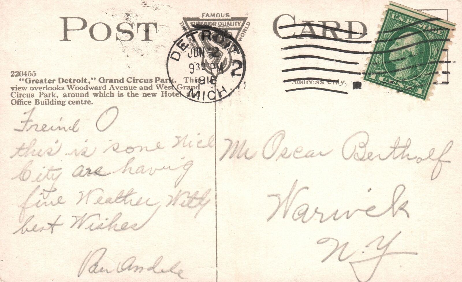 Vintage Postcard 1916 Greater Detroit Grand Circus Park Bridge Detroit ...