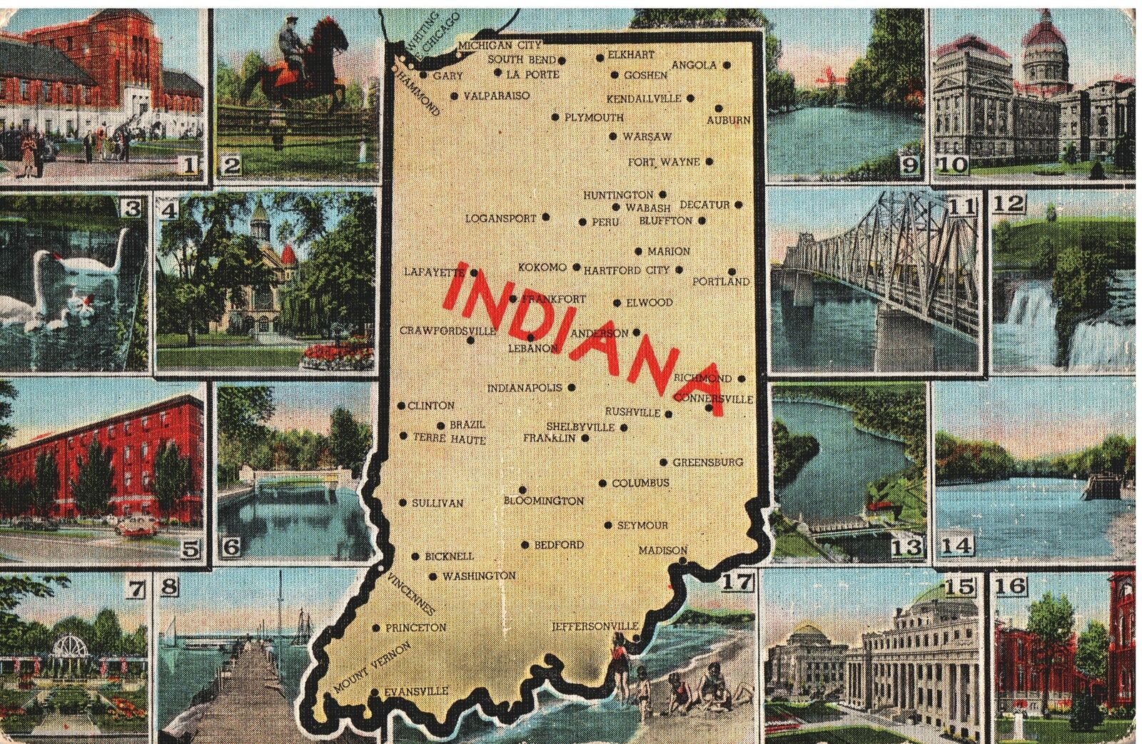Vintage Postcard MAP of the State of Indiana and 16 Multi-Views | Asia ...