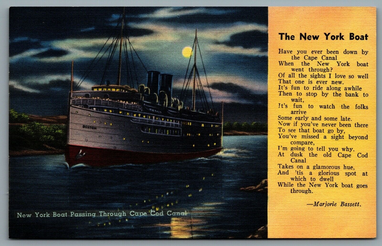 Postcard Cape Cod MA c1940s New York Boat Poem Marjorie Bassett Night ...