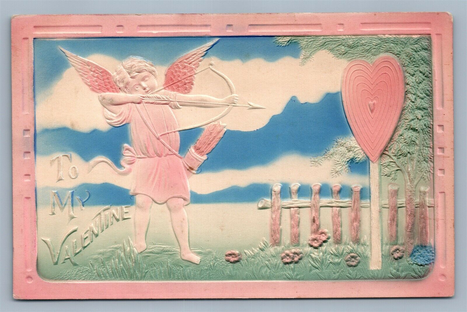Valentine Antique Deeply Embossed Postcard Cupid Shooting the Heart ...