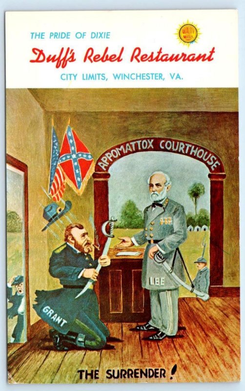 WINCHESTER, VA ~ Motel DUFF'S REBEL RESTAURANT Robert E. Lee & Grant ...
