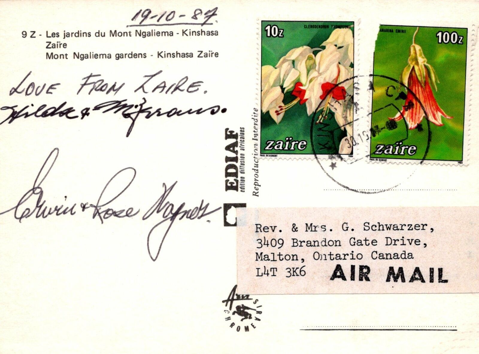 Vintage Continental Postcard Mont Ngaliema Gardens Kinshasa Zaire ...