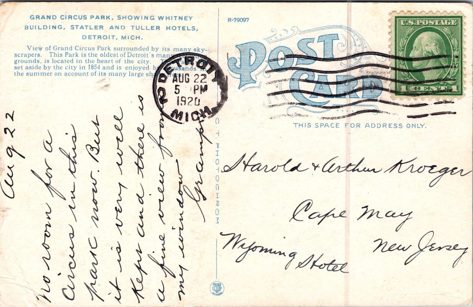 Vintage Postcard Grand Circus Park Buildings at Detroit Michigan Mailed ...