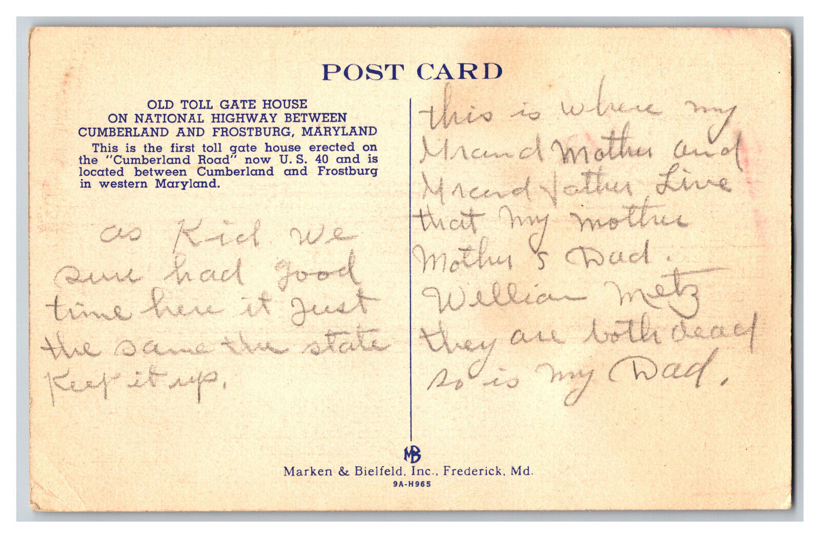 Postcard MD Old Toll Gate House Cumberland Frostberg Vintage Standard ...