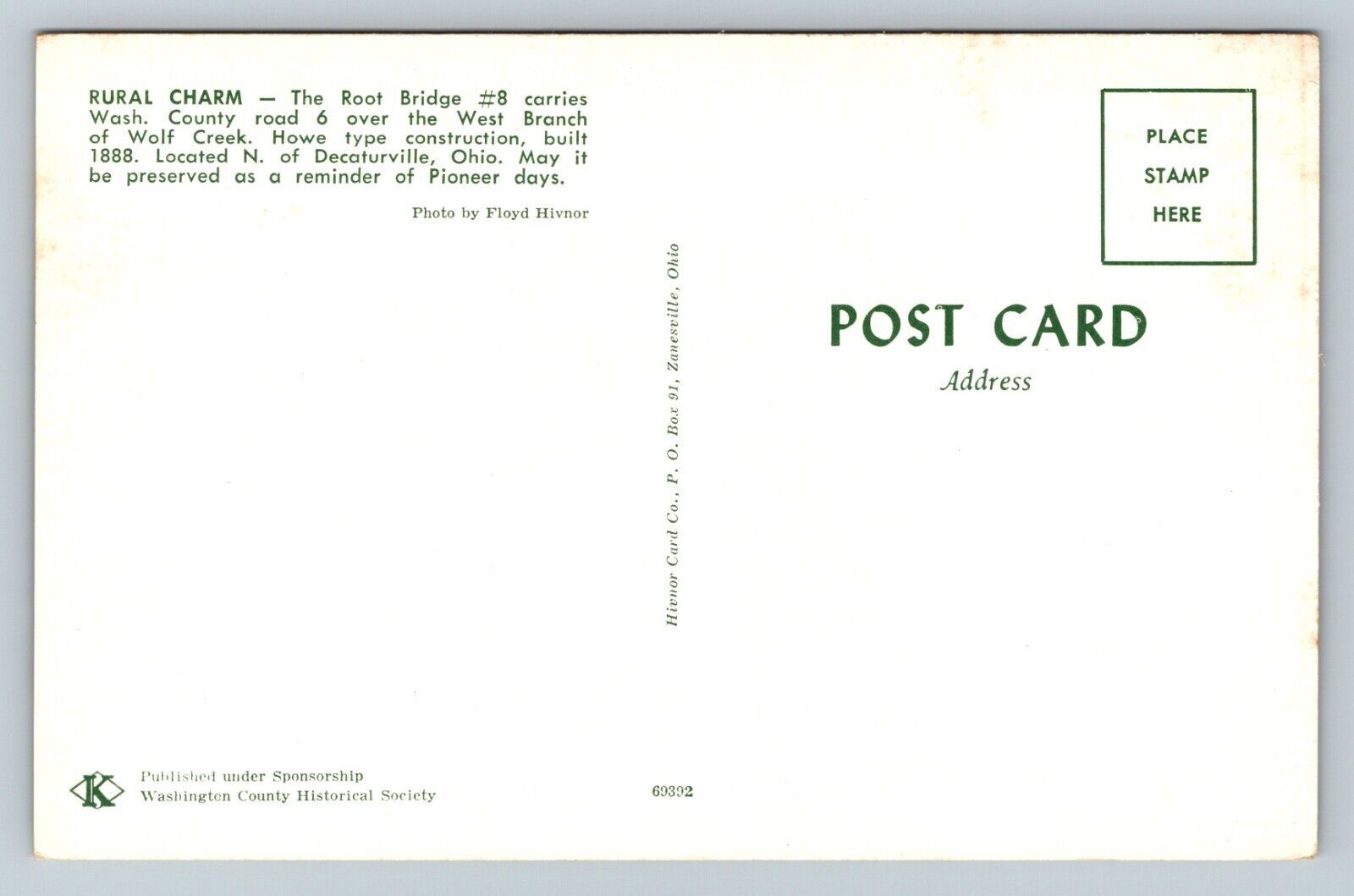 Washington County Ohio the Root Covered Bridge Wolf Creek Vintage ...