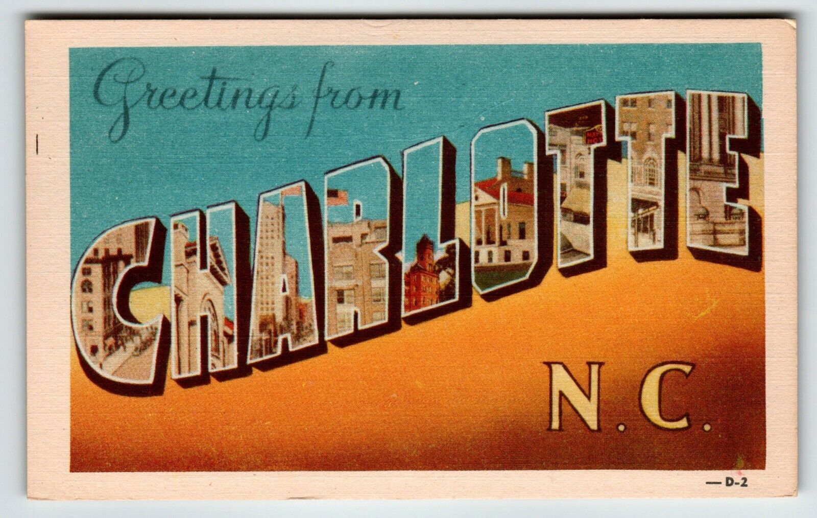 Greetings From Charlotte North Carolina Large Big Letter Linen Postcard ...