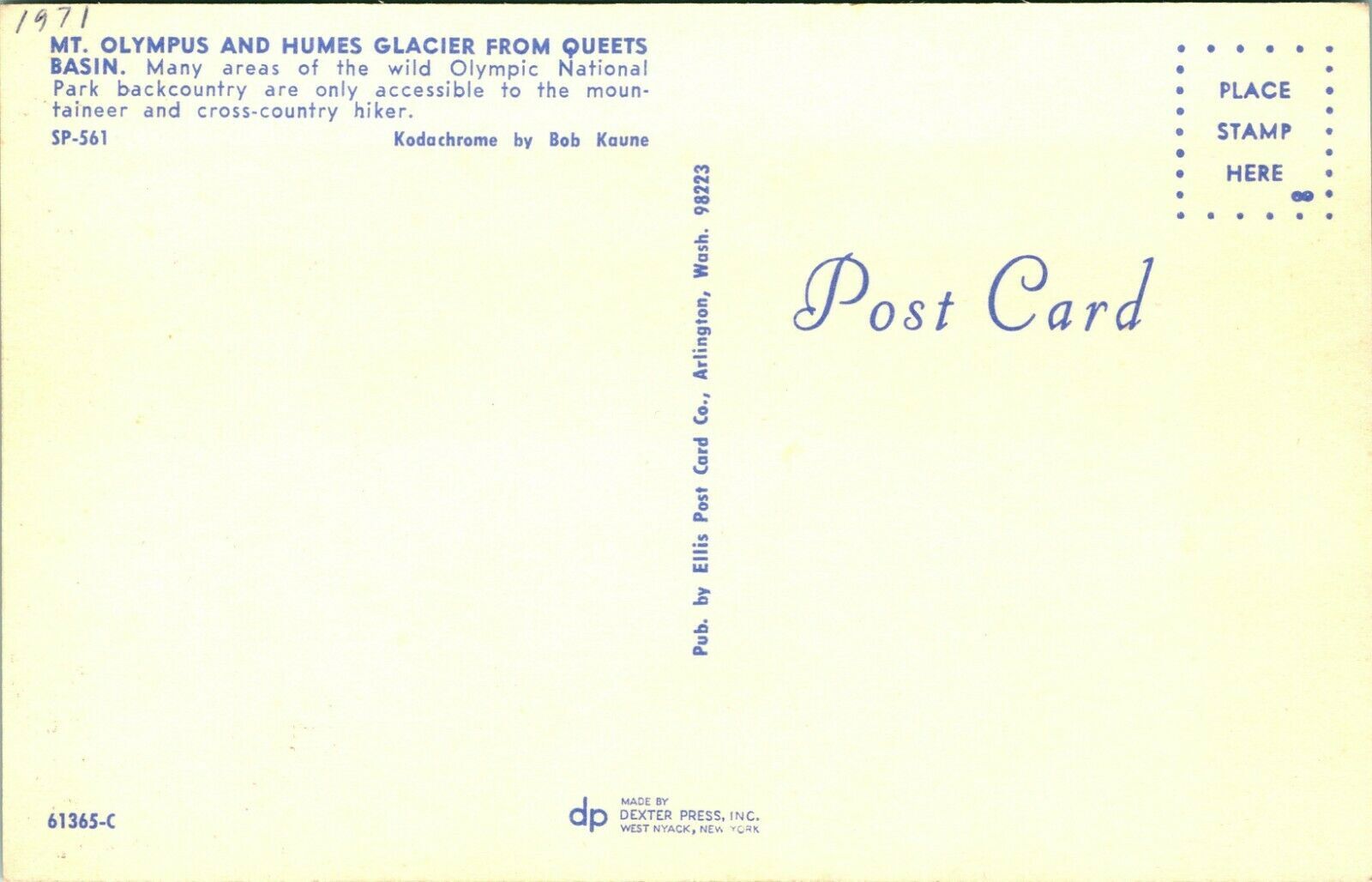 Vtg Chrome Postcard Mt Olympus And Humes Glacier From Queets Basin UNP ...