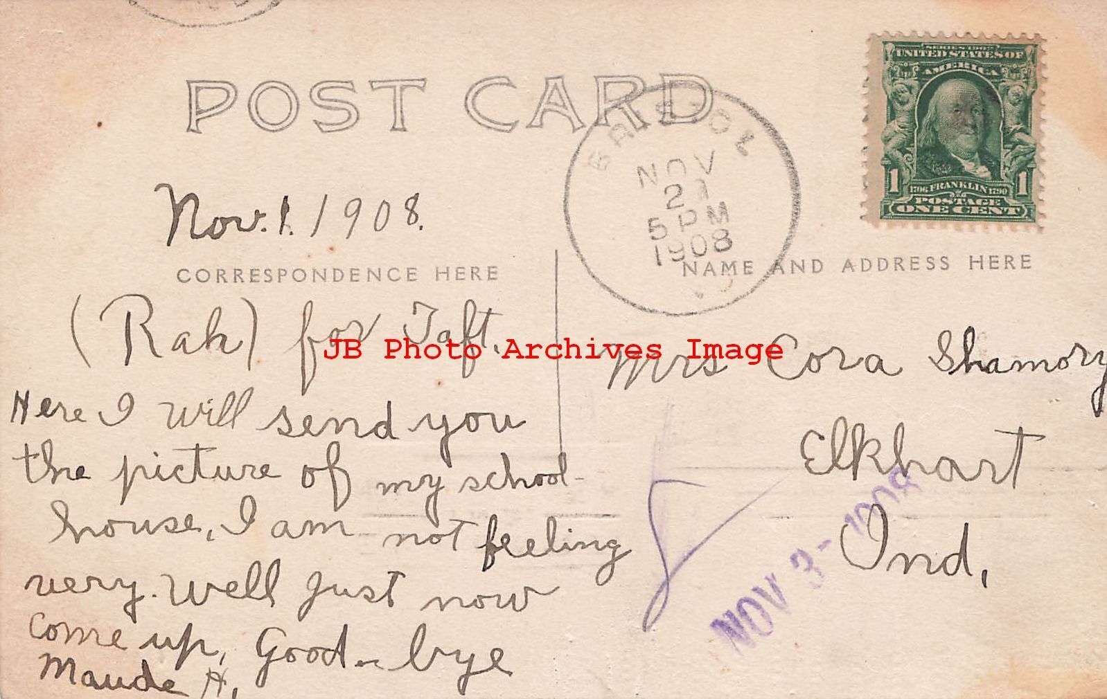 IN, Bristol, Indiana, RPPC, High School Building, Horse Drawn Buses ...