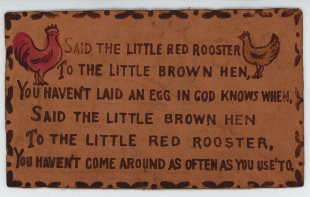 1900s Little Red Rooster Brown Hen Poem Love Romance Leather Pyrography ...