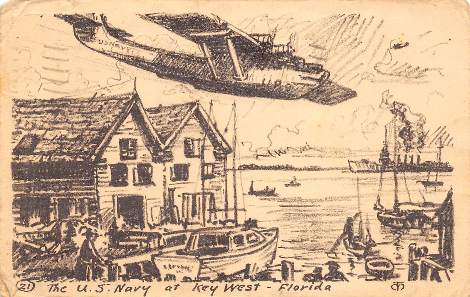 Key West Florida U.S. Navy, Original Lithograph Drawing, Vintage PC ...