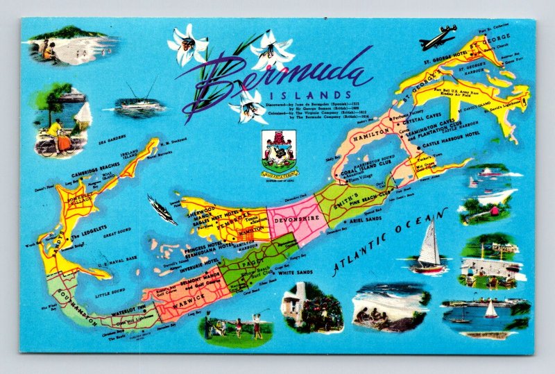 Bermuda Islands Map Scenic Multi View Cities Beaches Chrome UNP ...