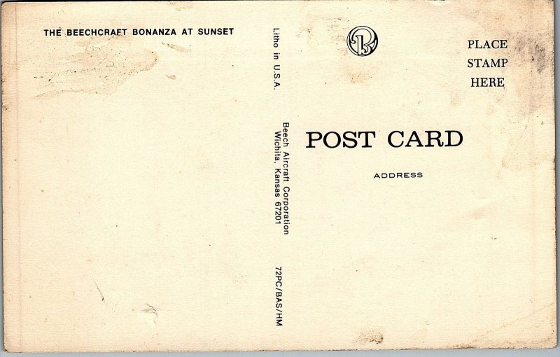 Vintage Beechcraft Bonanza Airplane Sunset Photochrome Postcard 38-159 ...
