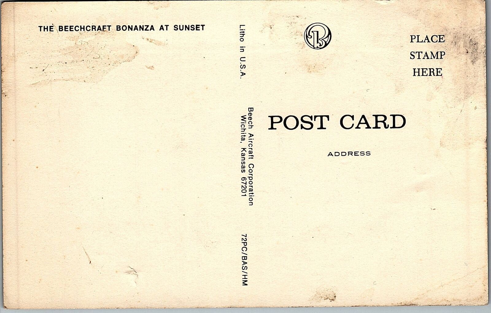 Vintage Beechcraft Bonanza Airplane Sunset Photochrome Postcard 38-159 ...