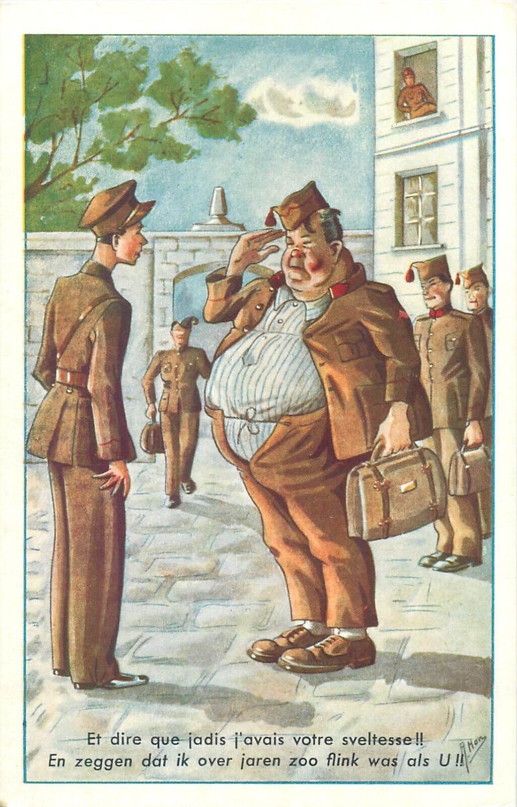 Set 10 military life humor comic soldiers caricatures artist signed R ...