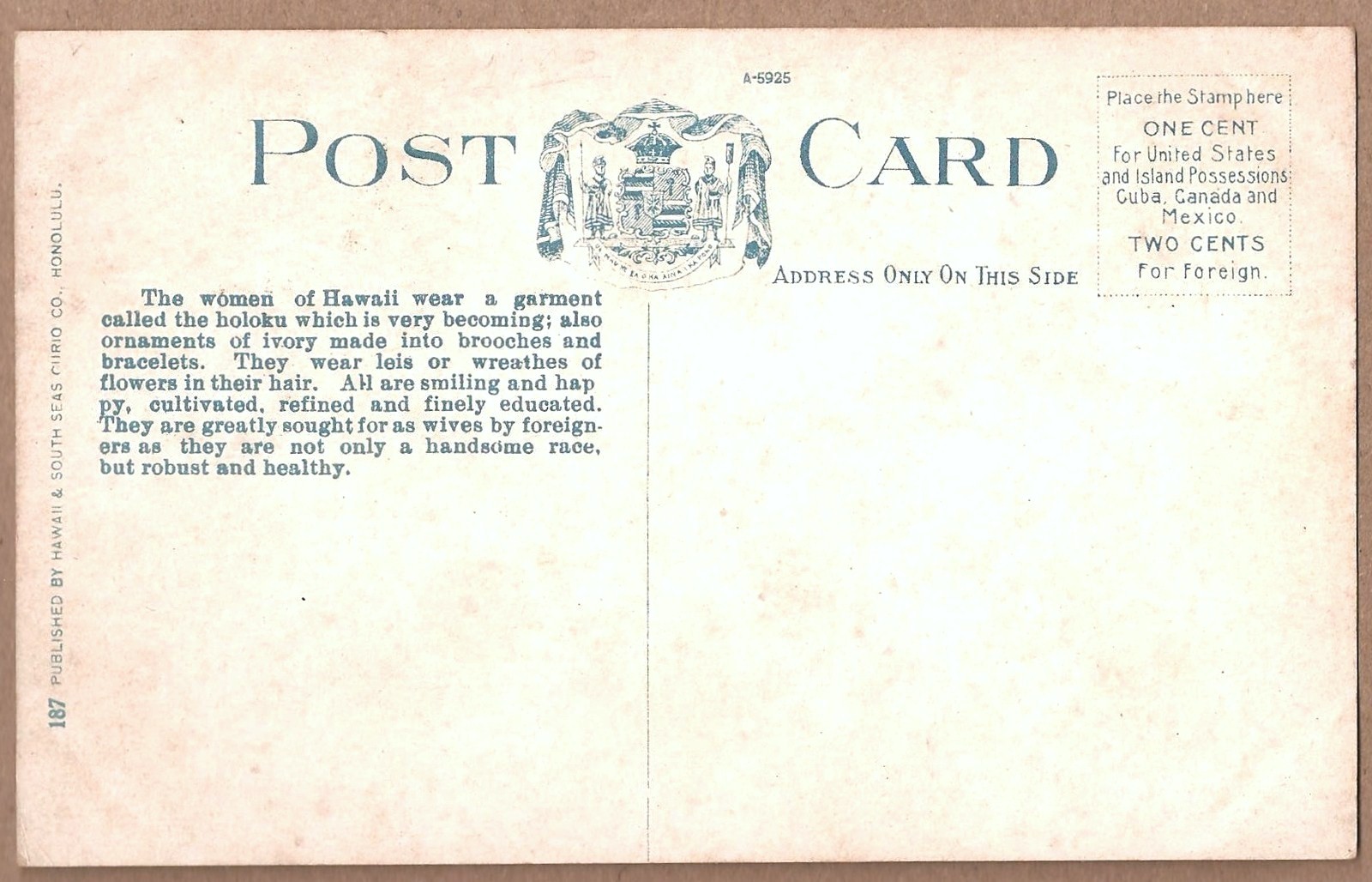 1910's Stately Hawaiian Lady wearing Holoku Hawaii HSSC #187 | United ...