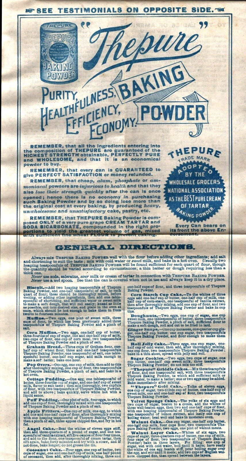 The Pure Baking Powder Advertisement Brochure 12" x 6" | Ephemera ...