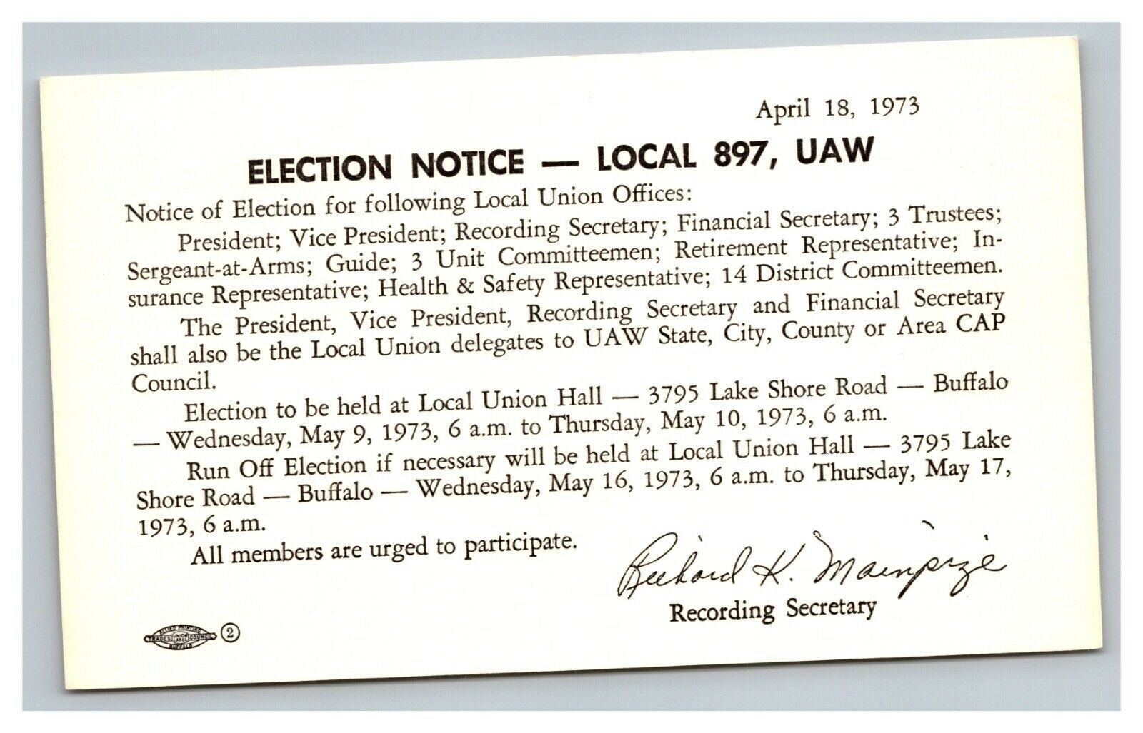 Vintage 1973 Postcard Election Notice Local 897 United Auto Workers ...