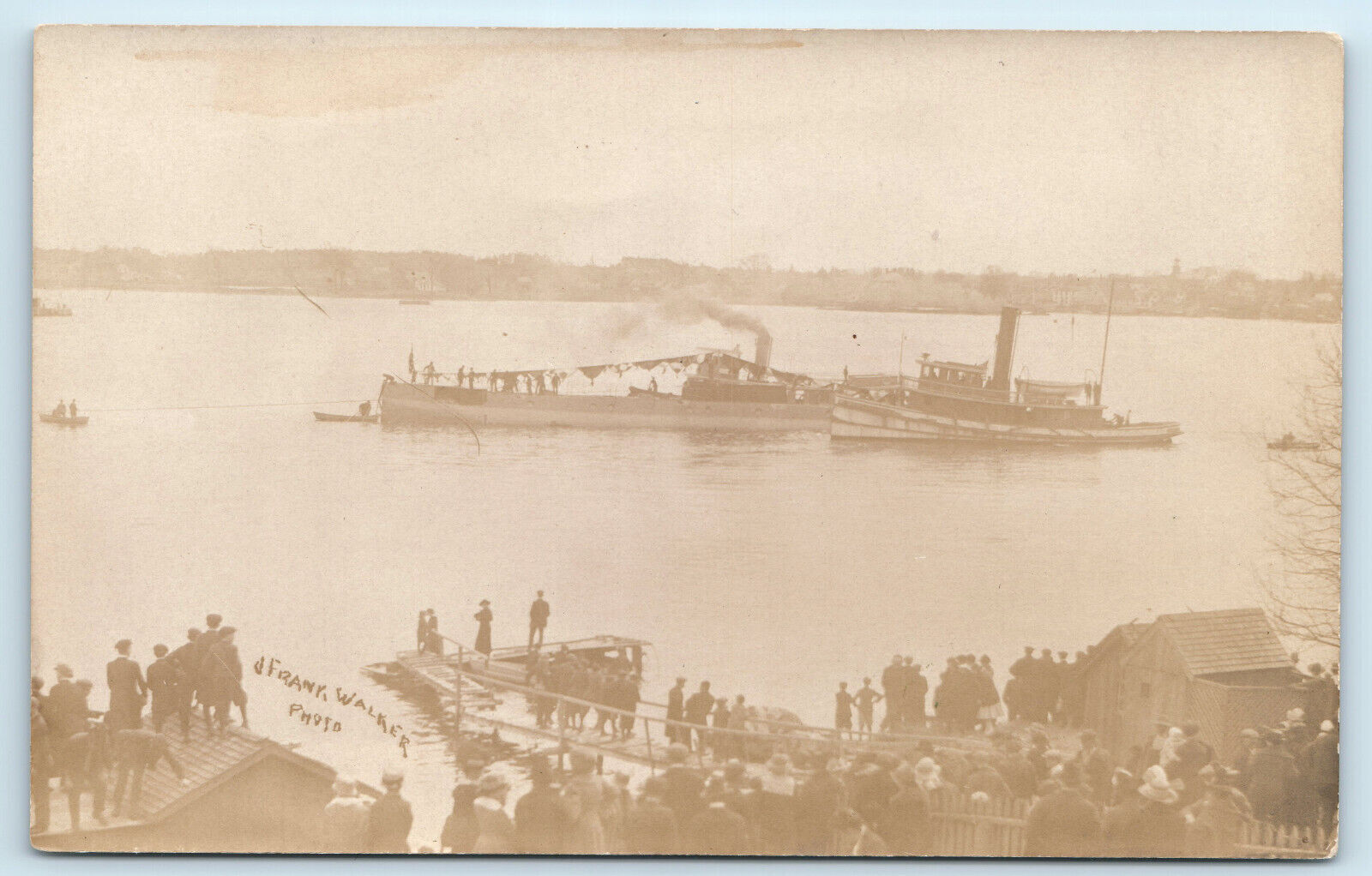 US Navy Submarine Early Antique Flags Crew Tug Boat Photo Postcard Rppc ...