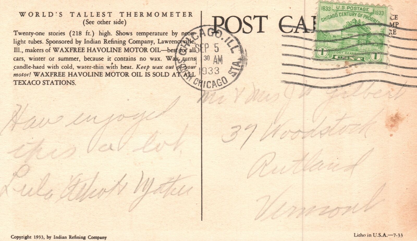 Vintage Postcard 1933 Havoline Thermometer Century Progress Chicago Int ...
