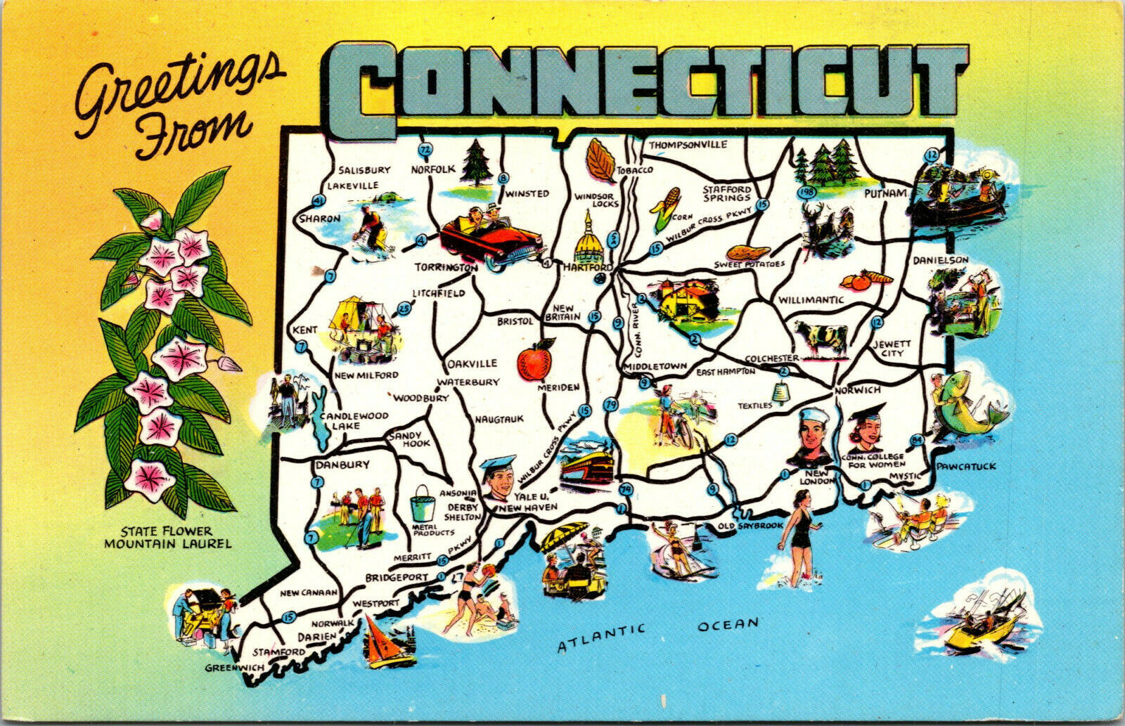 Vtg Greetings from Connecticut CT State Map Town Highways Postcard ...