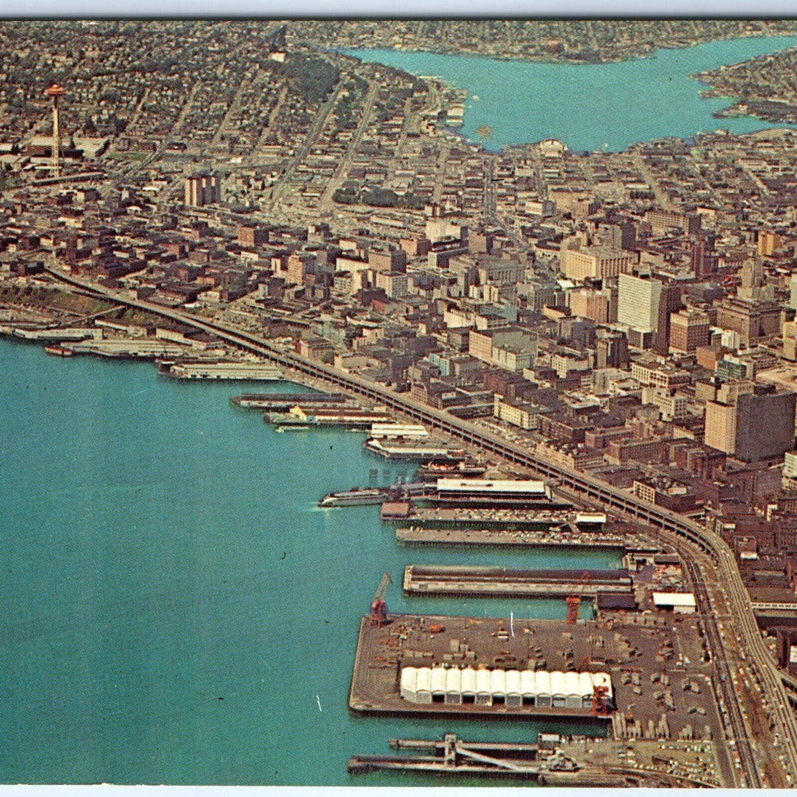 c1960s Seattle WA Downtown Elliott Bay Space Needle Harbor Ships ...