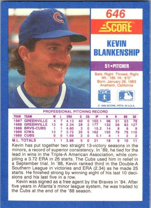 1990 Score Baseball Card Kevin Blankenship Chicago Cubs sk20011 ...
