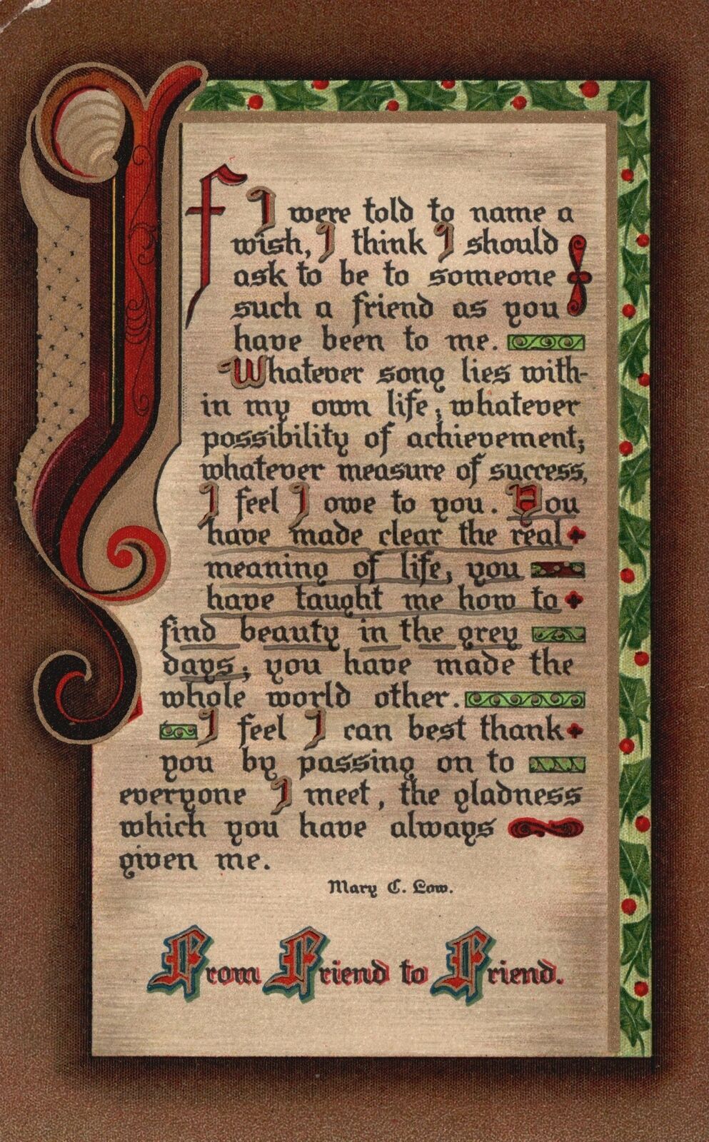 Vintage Postcard Friendship Letter Message Lettering With Border ...