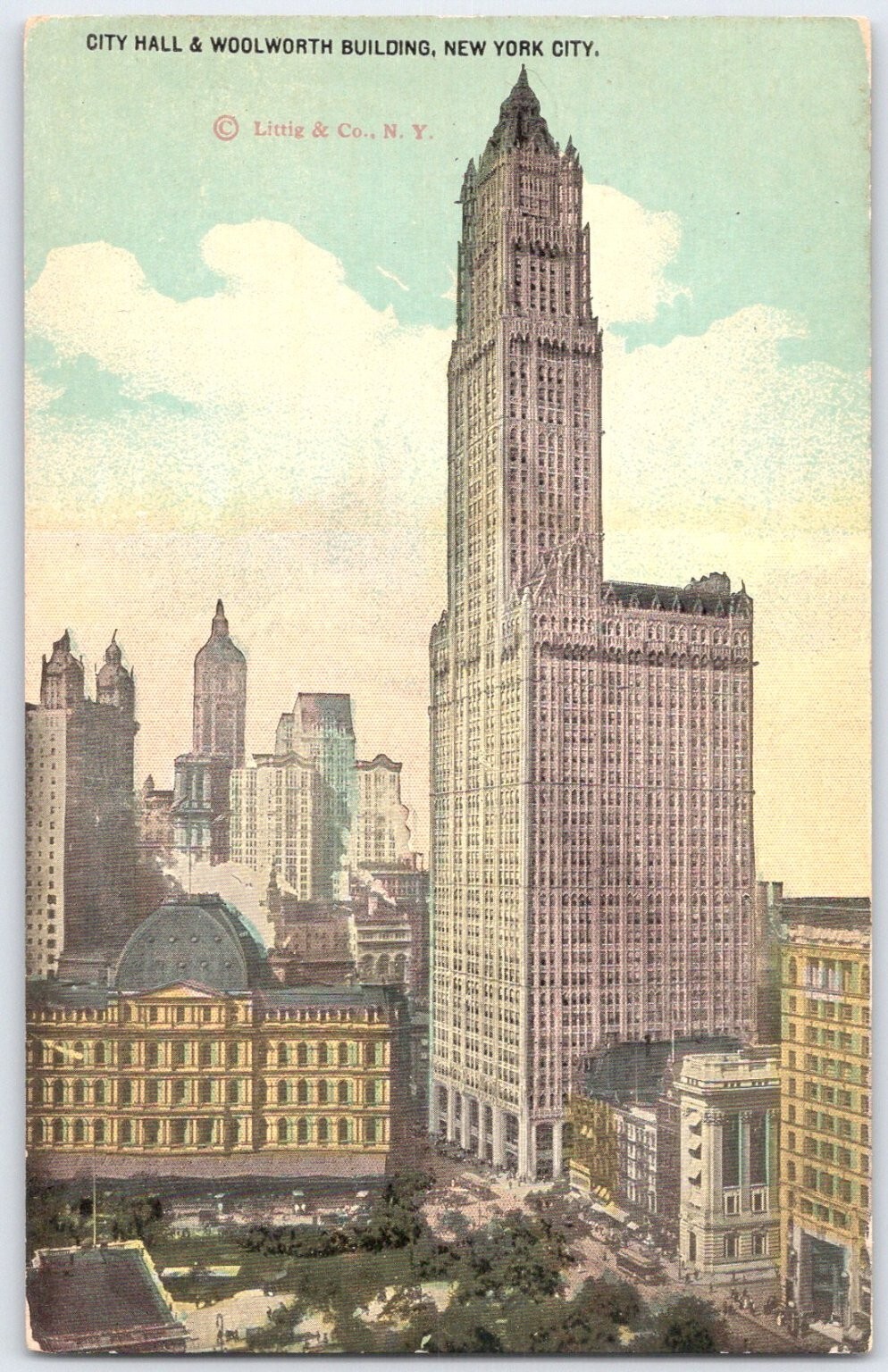 Vintage NYC City Hall & Woolworth Building Postcard by Littig & Co ...