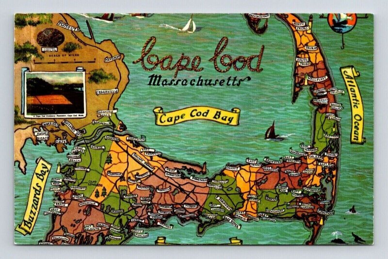 Cape Cod Massachusetts State Map Cities Roads Scenic Chrome UNP ...