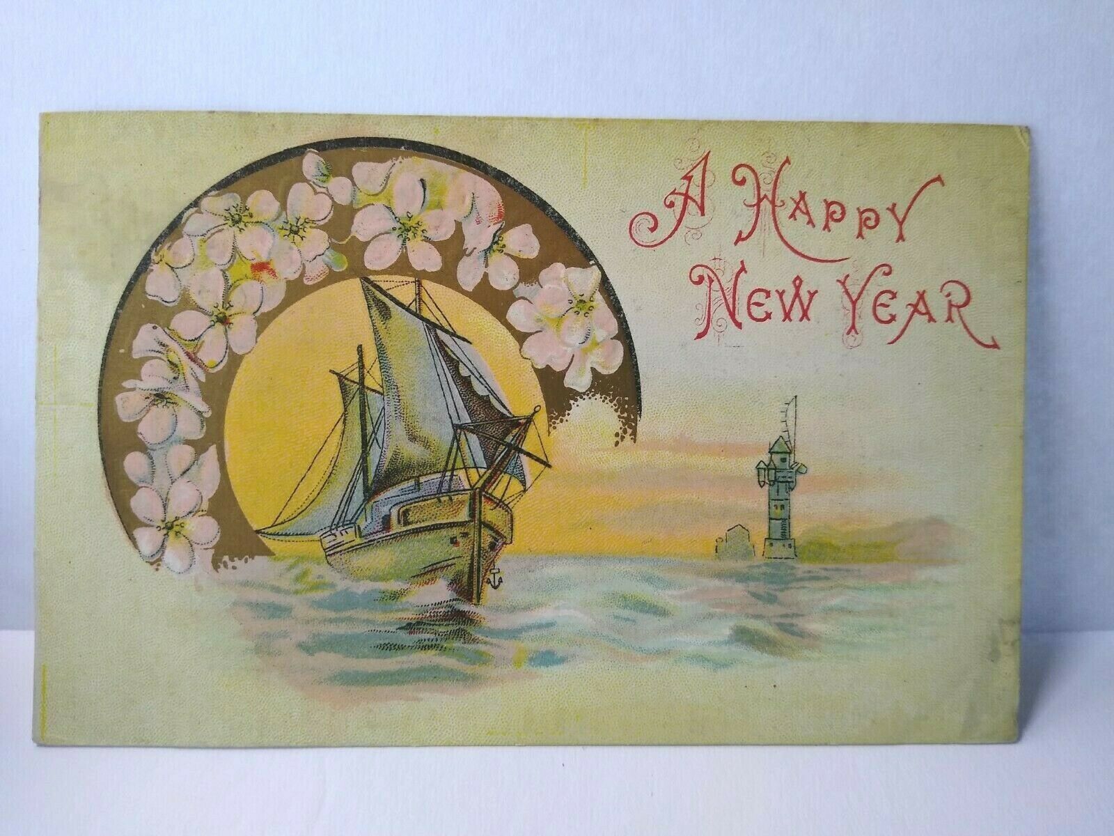 New Year Postcard Sailing Pirate Ship Boat Ocean Lighthouse 1911 ...
