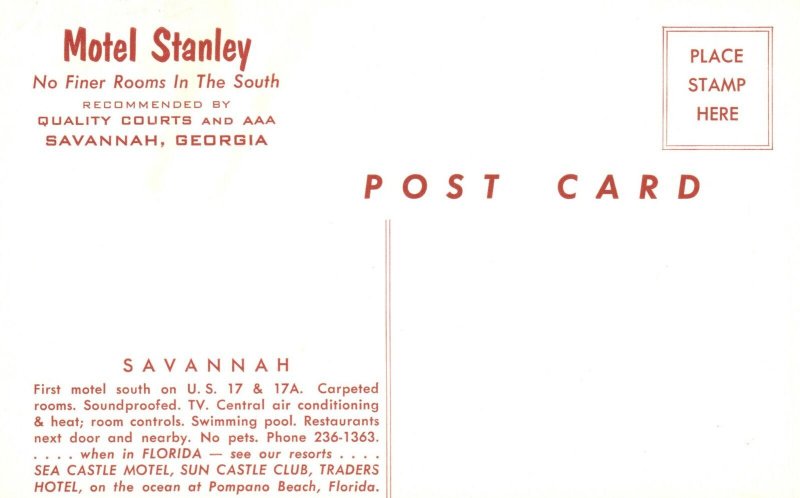Vintage Postcard 1920's Motel Stanley No Finer Rooms in South Savannah ...