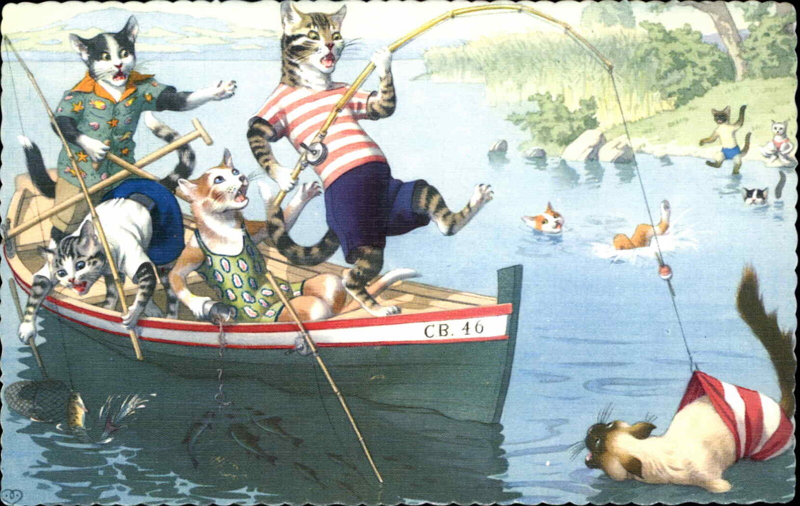 Alfred Mainzer Cat Fantasy No. 4887 Cats Fishing Vintage Postcard ...