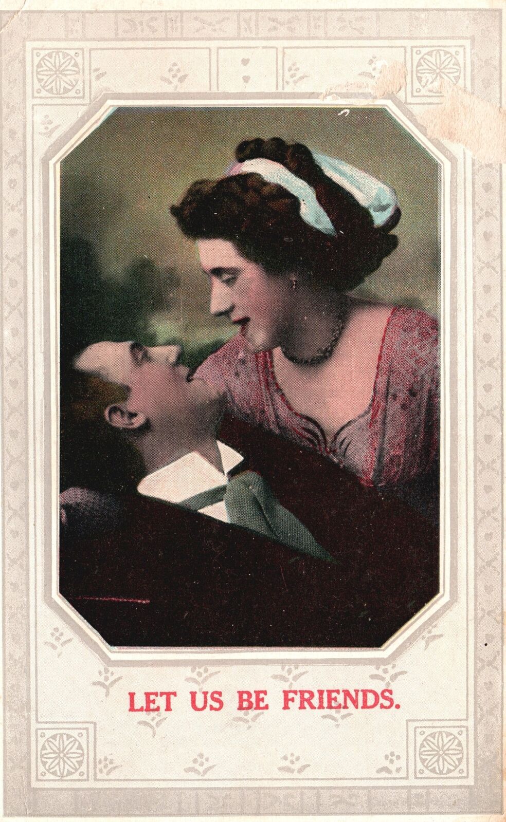 Vintage Postcard Lovers Couple Sweet Moments Cuddles Let Us Be Friends ...