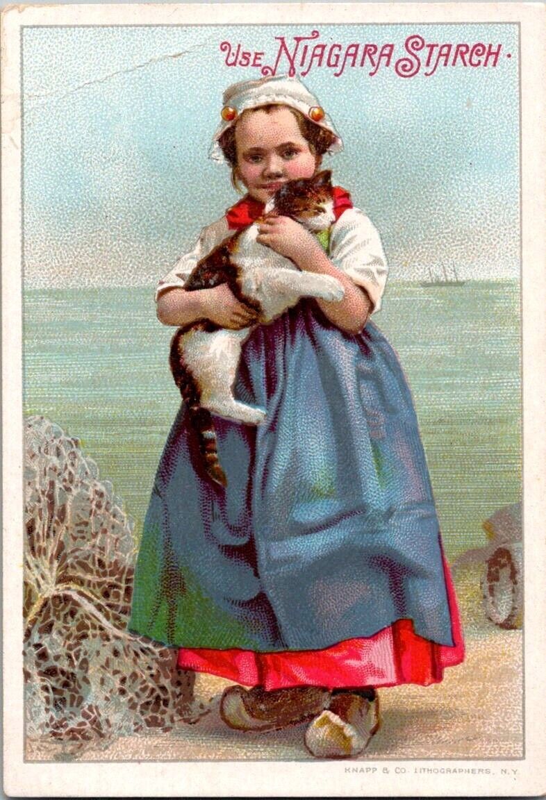 Niagara Starch Dutch Girl On Beach Holding Cat Victorian Trade Card ...