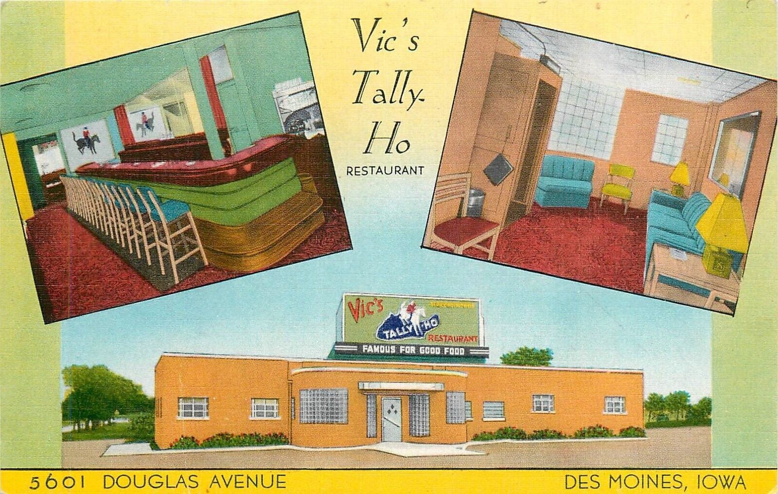 Postcard 1940s Iowa Des Moines Vic's Tally Ho Restaurant interior 23 ...