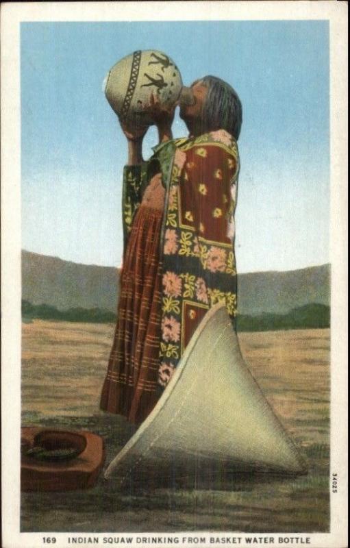 Native Indian Woman Drinking Water From Basket Water Bottle c1920 ...