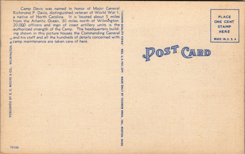 Vtg 1940s View of Headquarters Camp Davis North Carolina NC WWII Era ...
